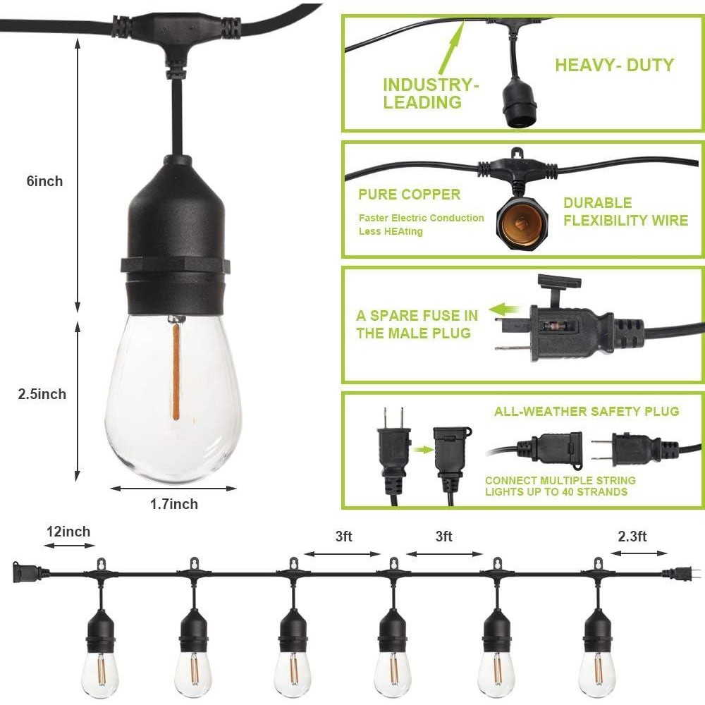 Aootek 27ft Outdoor String Lights with 16 1W Shatterproof Bulbs and ...